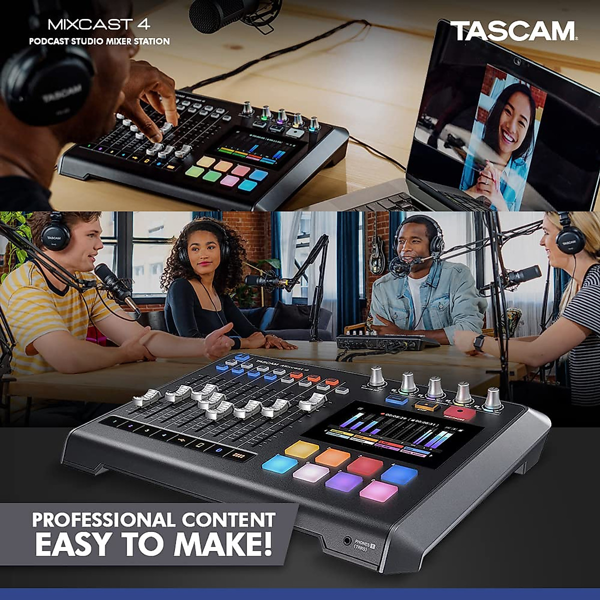Tascam Mixcast 4 S Podcast Studio Mixer Station with Built-in Recorder/USB Audio Interface, 8 Sound-effect, Records 14 Tracks, comes w/ Deluxe 4S Accessories Bundle