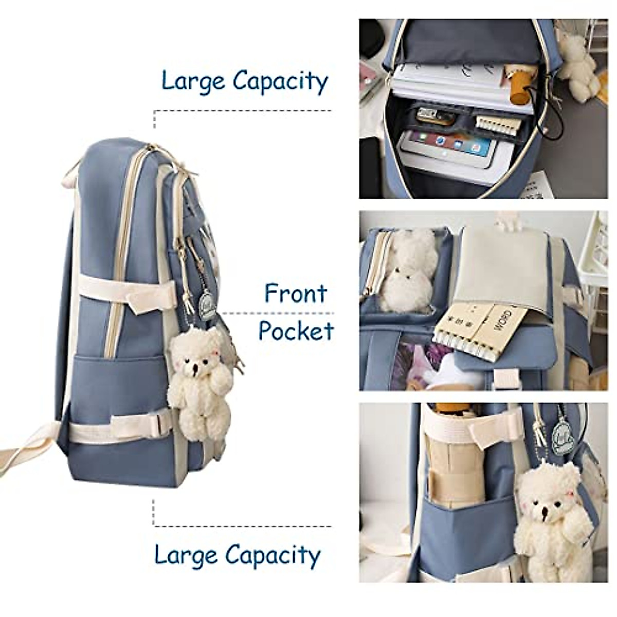 Kawaii Backpack 5Pcs Set Aesthetic School Bags, Cute Backpack Bookbag with Badge Pendants and Pins Rucksack for Teen Girls (Blue)