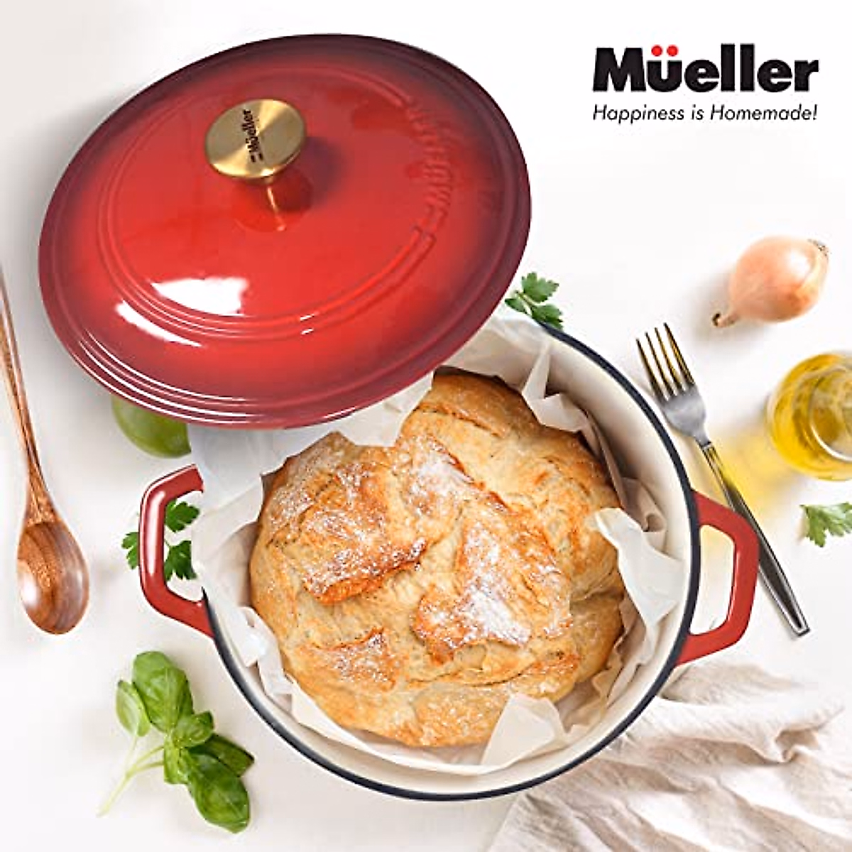 Mueller 6 Qt Enameled Cast Iron Dutch Oven, Heavy-Duty Casserole Dish and Braiser Pan with Lid and Stainless Knob, Safe for All Cooktops