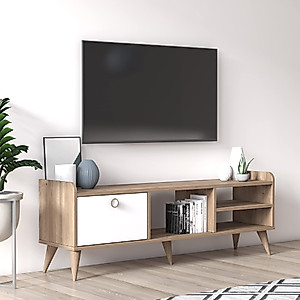 Ruumstore Vena TV Stand 55'', with 1 Flip Door and 3 Shelves, TV Stand for Media, Natural Oak Colour