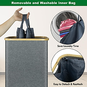 ZHSX Laundry Hamper/Basket with Lid, 100L Large Laundry Hamper/Basket/Bin with Bamboo Handle, Foldable Clothes Basket Organizer with Two Removable Inner Bags, Odor-Resistant and Waterproof(Grey)