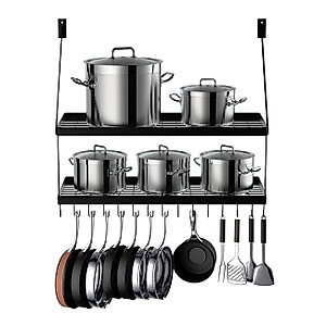 Miyili Wall Mounted Pot Rack with 2-Tier 15 Hooks, Kitchen Shelves Cookware Hanging Storage Organizer, 29.5 by13.7-inch (Black), KR300B2