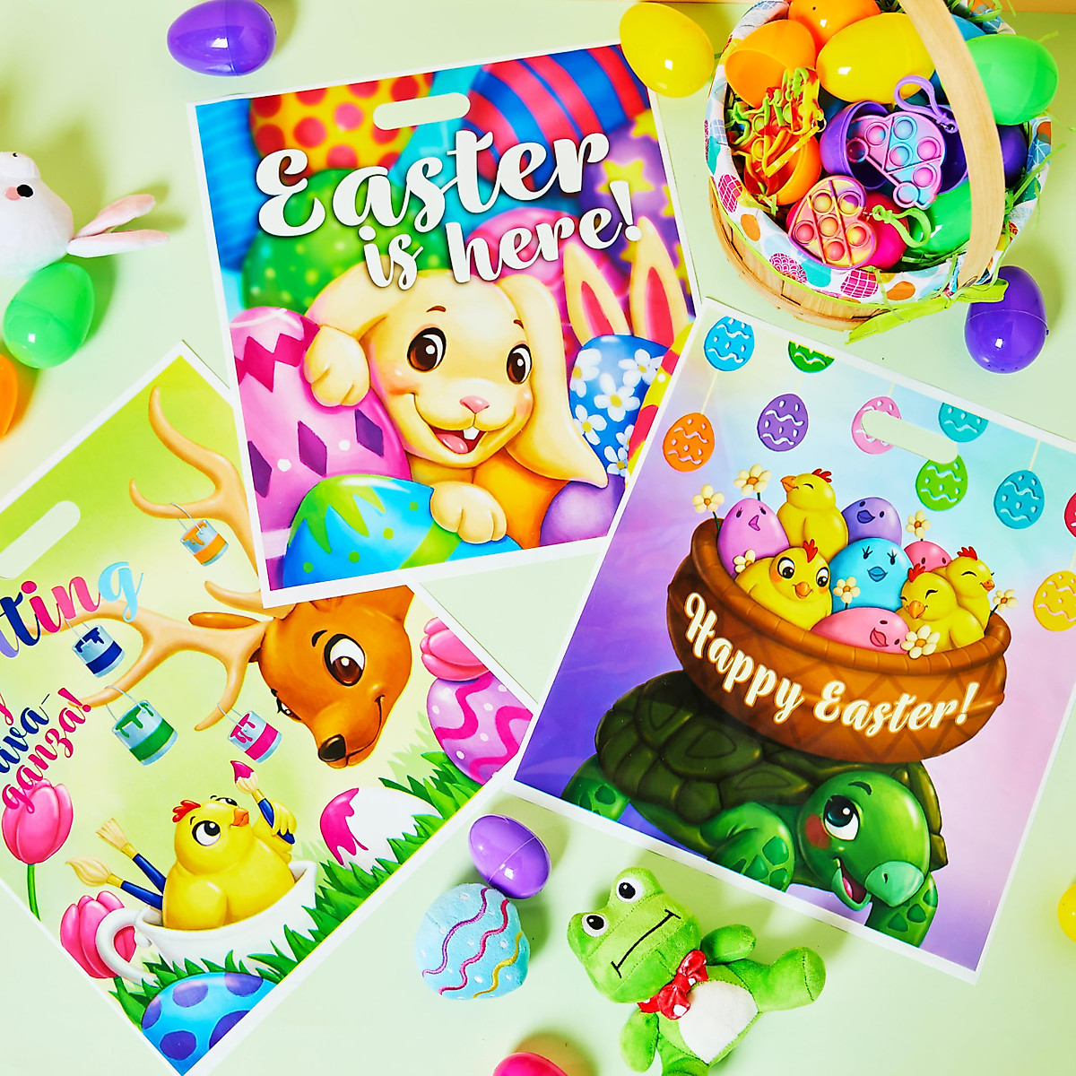JOYIN 72 Pcs Easter Gift Bags 13" x 14.8", PE Easter Theme Gift Goodie Bags Party Treat Bags for Easter Egg Hunt, Easter Kids Party Favor Supplies