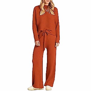 ANRABESS Women's 2 Piece Sweater Lounge Set Creneck Long Sleeve Ribbed Knit Pullover Crop Top and Straight Pants 582shenxiuhong-S Rust
