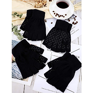4 Pairs Unisex Winter Half Finger Knit Gloves Stretchy Non-Slip Winter Warm Knitted Fingerless Gloves (Black)