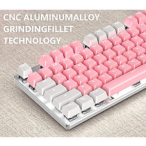 Mechanical Gaming Keyboard, with Multimedia Knob, Wrist Rest, Metal Panel, White LED Backlit, Pink and White PBT Keycaps, USB Wired Full-size Keyboard for Gamer Office PC Laptop Mac (Blue Switch)