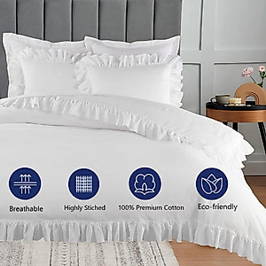 eBeddy Linens Ruffle White Solid Duvet Cover Set Super King 98x108 Size Egyptian Cotton Luxury Soft & Breathable Comforter Cover with Hidden Zipper Closer & Corner Ties Durable and Fade Resistant
