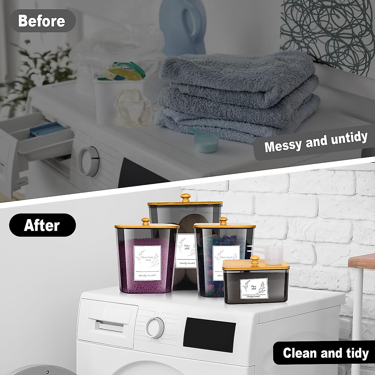 Zingbee 4 Pack Laundry Powder Container & Dryer Sheet Holder with Lids, Scoops & Labels - Plastic Laundry Organizer and Storage Jars for Pods, Detergent