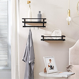 BAYKA Floating Bathroom Shelves for Kitchen Coffee Bedroom Decor, Wood Wall Mounted Rustic Floating Shelves for Home Storage, Over The Toilet Hanging Shelf with Hooks and Towel Bar, Set of 2