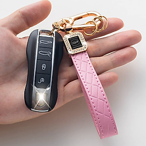 CACARLIKE Universal Leather Car Keychain for Women Men, Extended Car Lanyard Key Fob Holder with 3 Keyrings, Anti-lost D-ring and Carabiner Clip Car Accessories, Pink