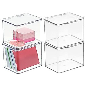 mDesign Small Plastic Home Office Storage Organizer Box Containers w/Hinged Lid for Desktops - Holds Pens, Pencils, Sticky Notes, Highlighters, Staples, Supplies - Lumiere Collection - 4 Pack - Clear