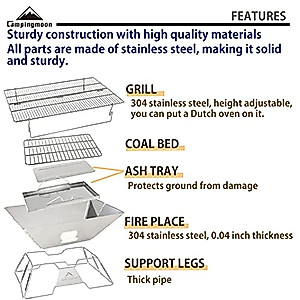 CAMPINGMOON Stainless Steel Portable Camping Fire Pit Foldable Wood Burning Charcoal Grill 20x13-inch with Carrying Bag MT-3