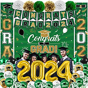 Green Gold Graduation Party Decorations 2024,Class of 2024 Graduation Party Supplies Include Congrats Grad Banner, Grad Backdrop, Porch Sign,Balloons,Foil Number 2024 for Graduation Party Supplies