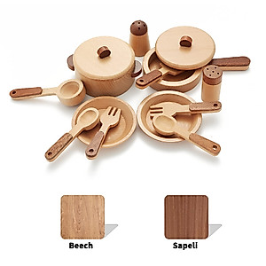 WHOHOLL Wooden Toys Play Kitchen Accessories, Montessori Toys for 1 2 3 4 5 + Years Old Toddlers, Toy Kitchen Play Dishes & Play Food Playset, Birthday Sets for Kids Girls Boys