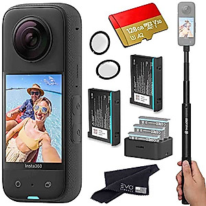 insta360 X3 - Waterproof 360 Action Camera Bundle Includes Extra 2 Batteries, Charger, Invisible Selfie Stick, Lens Guard & 128GB Memory Card Black