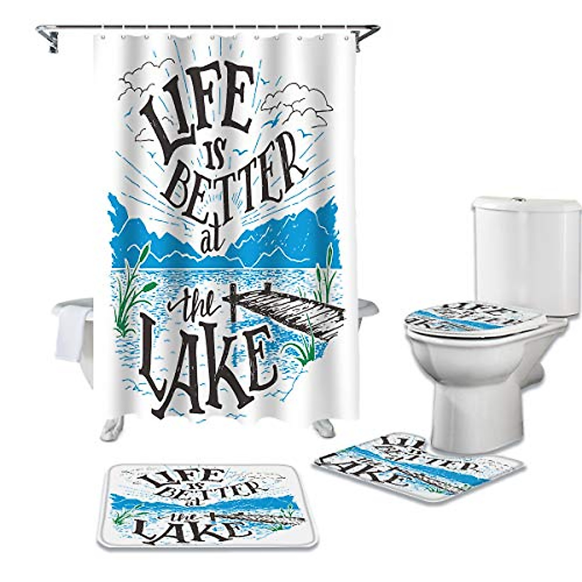 OneHoney 4 Piece Shower Curtain Sets with Non-Slip Rugs, Life is Better at The Lake Quotes Bathroom Curtains Waterproof, Lake and Mountain Landscape Decor Doormat, Toilet Lid Cover and Bath Mat