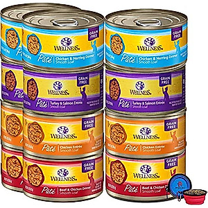 Wellness Natural Premium Canned Cat Wet Food Pate - 12 Pack Cans Variety Bundle Pack 4 Flavor - (Chicken,Beef, Salmon & Turkey) W/HS Pet Food Bowl - (5 Oz Cans)