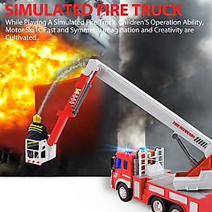 Fire Truck Toys with Siren Lights and Sounds, 1:16 Scale Fire Engine Truck for 3-5 year old Boys Extending Rescue Rotating Ladder Pull Back Toy Trucks for Kids 3 4 5 6 7 8 Years Old Birthday Xmas Gift