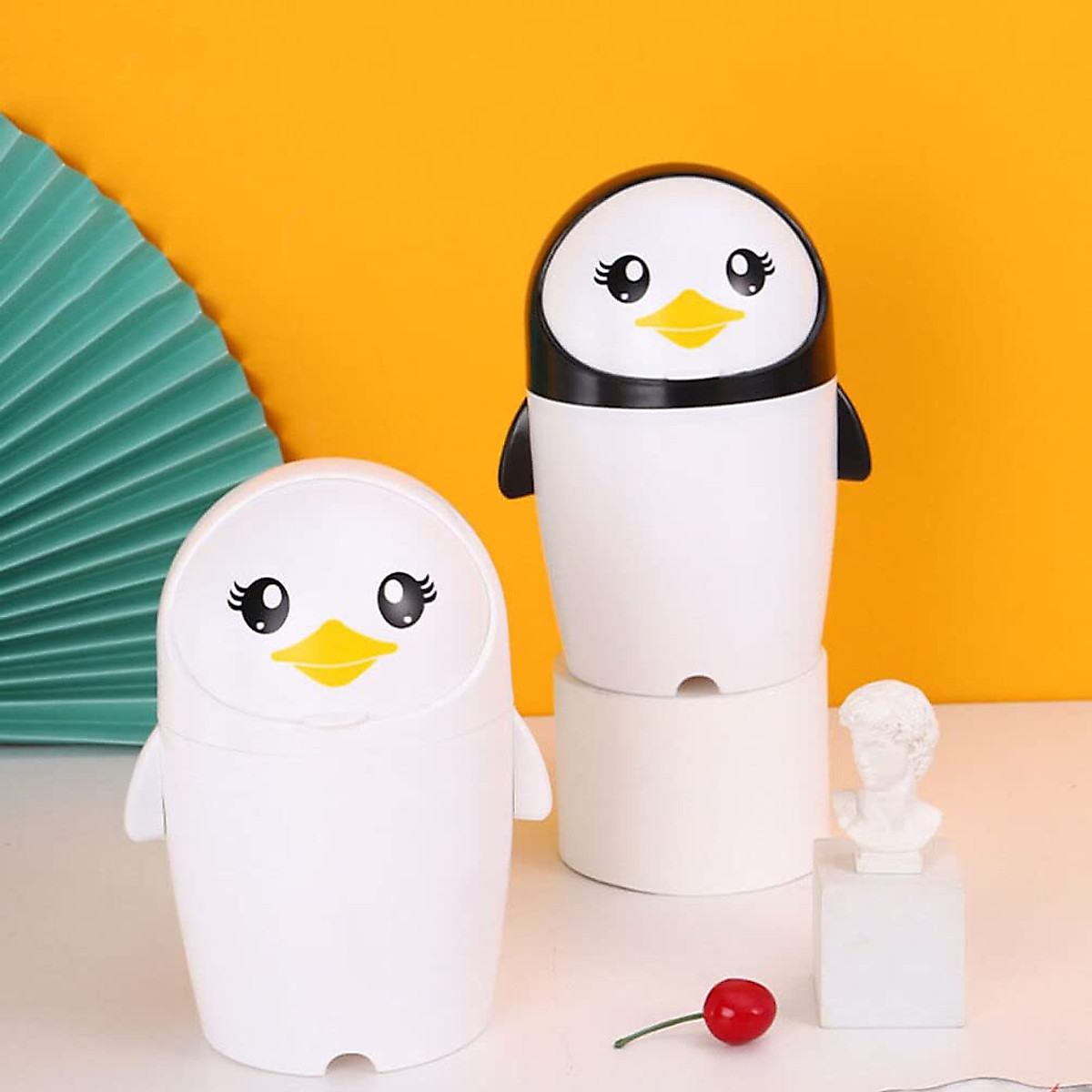 STOBAZA Penguin Trash Can Car Home Cute Garbage Bin Lid Bedroom Office Desk Countertop Animal Shaped Wastebasket Container Kids