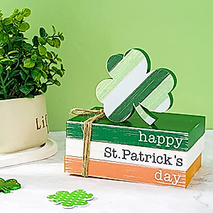 Whaline St. Patrick's Day Wooden Tiered Tray Decor Faux Decorative Stacked Books Bundle Happy St. Patrick's Day Wooden Block Sign with Shamrock for Irish Holiday Kitchen Home Table Decor