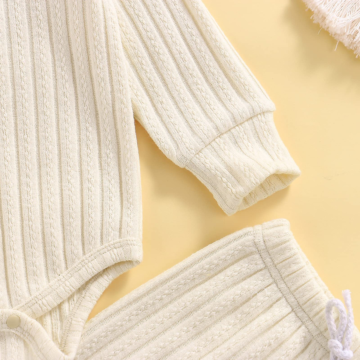 Qiylii 2 Piece Newborn Baby Girls Boys Clothes Sets Infant Solid Color Knit Cotton Romper Tops Pant Footies 0-18M (Beige, 0-3 Months)