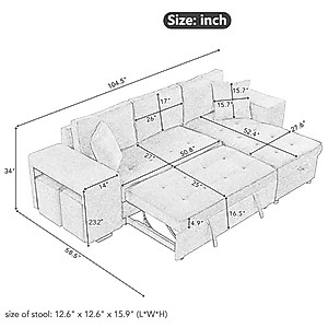P PURLOVE Sectional Sofa with Pull-Out Sleeper Sofa Bed, Reversible Sectional Sofa with Storage Chaise and 2 Stools, L Shaped Couch Set for Living Room Apartment, Gray