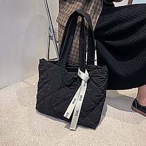 iSamzan Puffer Quilted Tote Bag for Women Puffy Padded Purse with Zipper Work School Nylon Soft Purse-Black