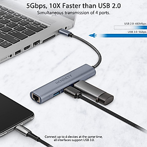 USB to Ethernet Adapter, 4-in-1 Portable Data Hub USB Splitter USB 3.0 Expander with RJ45 Gigabit Ethernet LAN Network Adapter Support Windows 10,8.1,Mac OS, Surface Pro,Linux,Chromebook and More