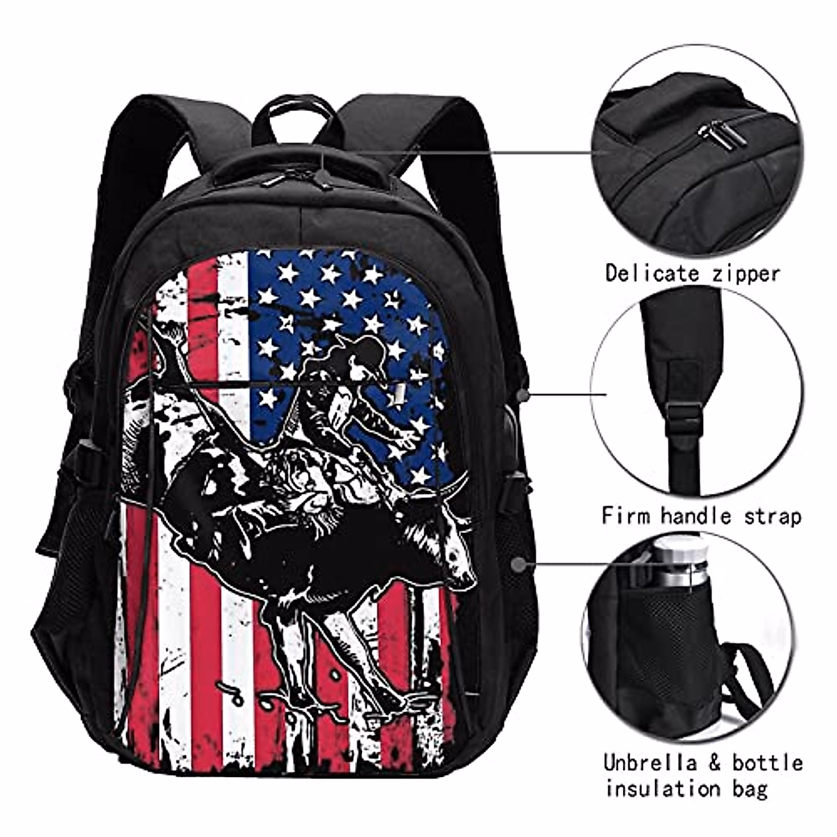 herbeier Stylish Rodeo Bull Rider American Flag Travel Backpack with USB Charging Port for Travel Business School Gifts, One Size