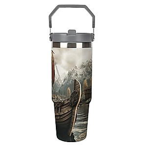 Old Viking Boat 30oz Stainless Steel Insulated Tumbler with Straw & Foldable Handle - Leakproof, Double-Wall Vacuum Travel Thermos for Hot/Cold Drinks, Non-Slip Base, Fit Cup Holders