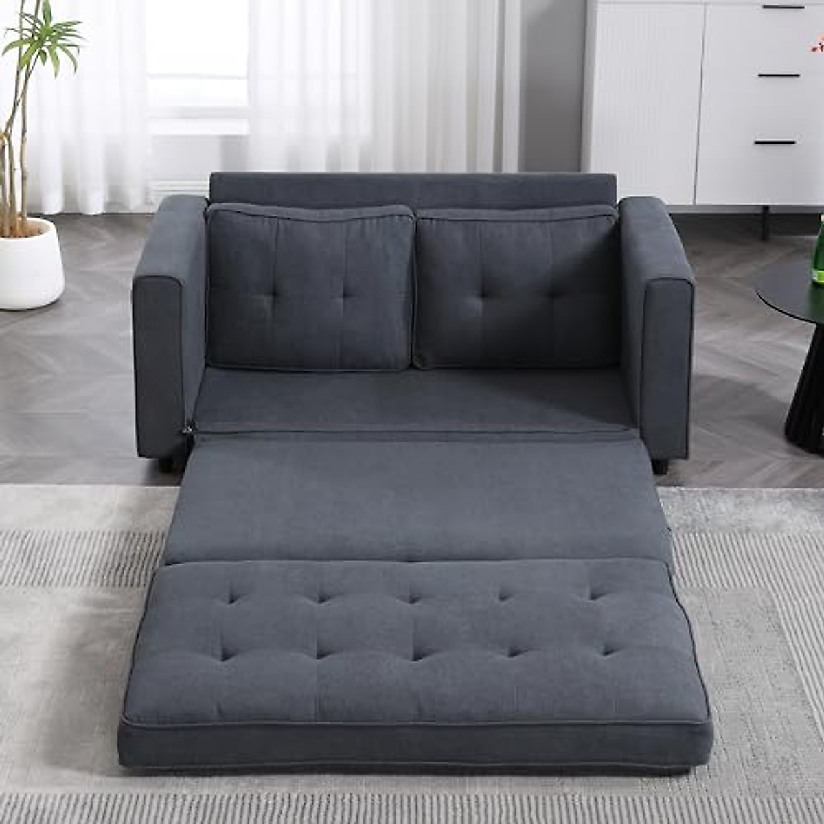 ERYE 3 Fold Tufted Upholstered Futon Sofa Bed Modern Convertible Foldable Floor Loveseat Sofabed with Pull Out Sleeper Couch Daybed W/Side Pockets for Living Room