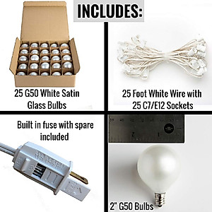 Hometown Evolution, Inc. 25 Foot G50 White Pearl Wedding String Lights with White Wire and G50 2 Inch 7 Watt Globe Bulbs for Parties, Patios, Backyards, Tents and More