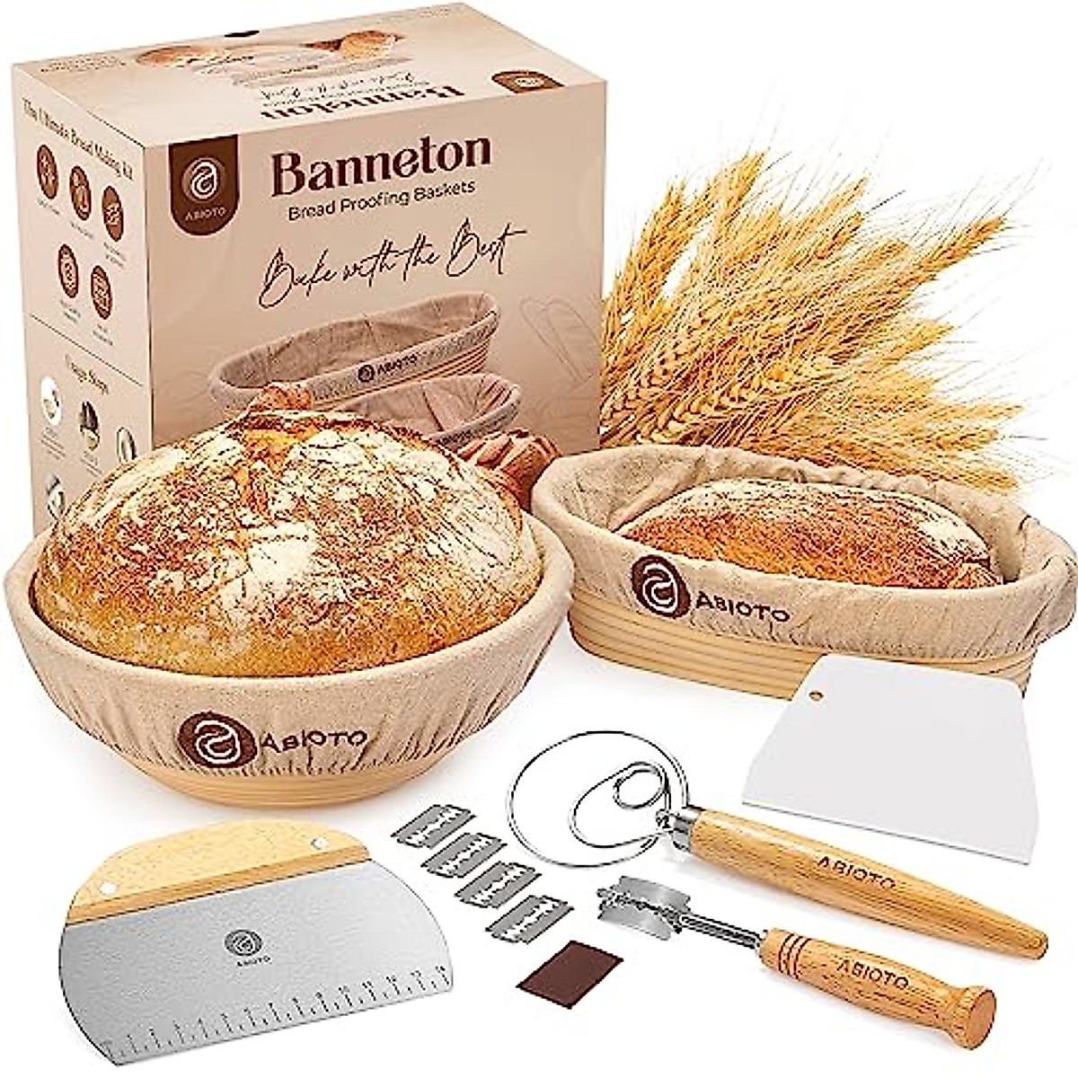 Sourdough Bread Baking Supplies and Proofing Baskets, A Complete Bread Making Kit Including 10" Round & 11" Oval Rattan Bannetons, Bread Lame, Bowl & Dough Scrapers, Danish Whisk and Linen Liners