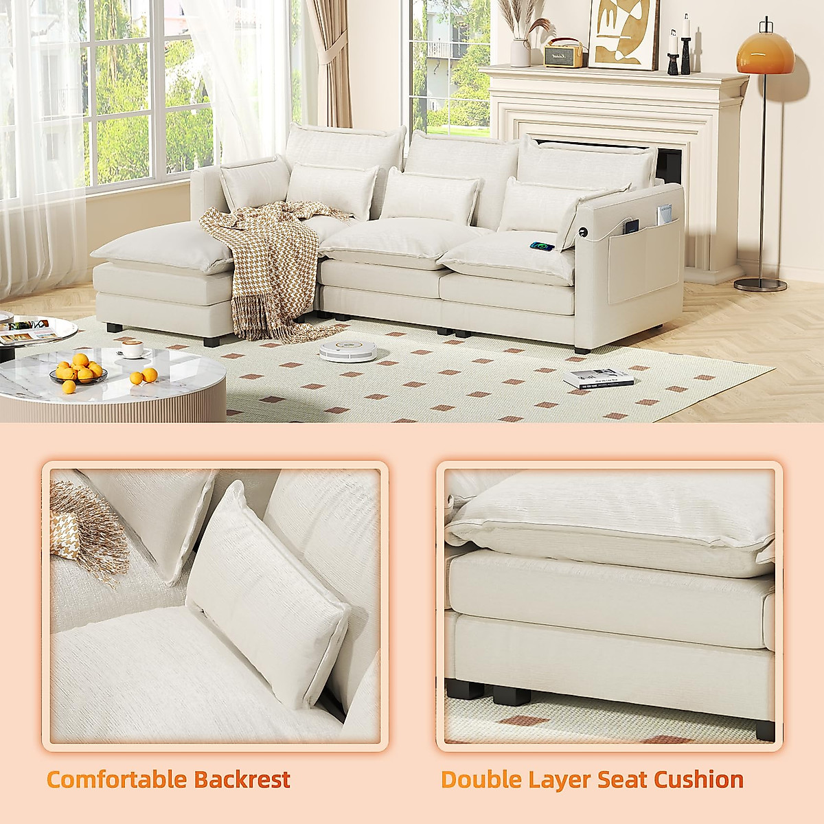 DYHOME L Shaped Couch Sectional Sofa Comfy Cloud Couch for Living Room, Deep Seat Modular Sectional Sofa with Padded Armrests, Pillows, and Charging Station, Modern Chenille, 3 Seat Cream White