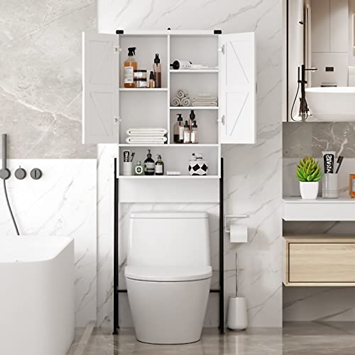 Saedew Over The Toilet Storage Cabinet, Over Toilet Bathroom Organizer with 2-Door Blinds Design, Freestanding Space Saver Toilet Stands,Bathroom Toilet Rack