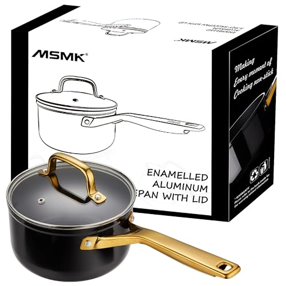 1.5 QT Enamel Black Sauce Pan with Lid, MSMK Designed Enamel Exterior Coating Withstand High Temperature And Fade Resistance, Pfoa Fre, Burnt Also Non Stick, Oven Safe, Dishwasher Safe…