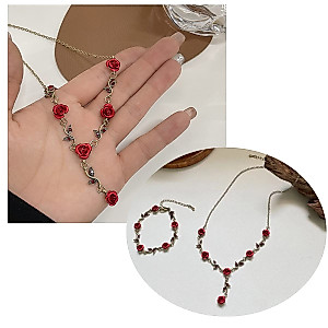 yomlry 3Pcs Rose Red Jewelry S925 Red Flower Necklaces for Women Red Rose Flower Dangle Earrings Rose Bracelet Rose Gold Prom Jewelry Sets for Women Bride Wedding red rose