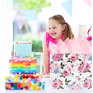 MUNILAIL 13 Inches Large Gift Bag for Women Flower Gift Bag with Handle Tissue Paper and Greeting Card for Birthday Wedding Bridal Shower Party Large Pink Paper Gift Bag