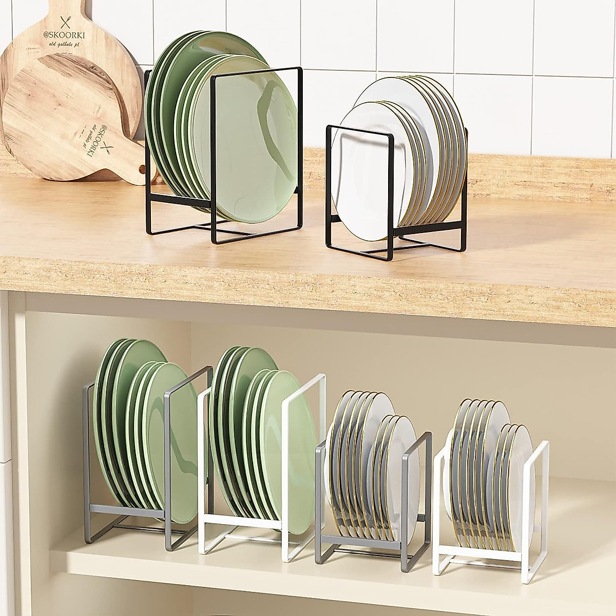 Hikinlichi 2 Pack Large Plate Holders Organizers Upright Cabinet Dish Drying Racks Metal Plate Dish Organizers Racks Stands for Countertop and Cupboard 7.87in. x 6.29in. x 4.52in. Black