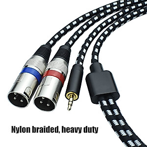 Mugteeve 3.5 mm to Dual XLR Male Y Splitter Cable, 6.6 Feet Stereo 1/8 Mini TRS Headphone Jack to L/R Double XLR Male Aux Cord, Noise Free, Nylon Braided, for Studio Monitor Speaker and Phones