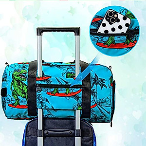 Kids Duffle Bag for Travel, Boys Gym Duffel Bags with Shoe Compartment Little Kid Weekender Overnight Bag Sleepover, Blue Dinosaur