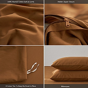 MooMee Bedding Duvet Cover Set 100% Washed Cotton Twill Thick Sturdy Material Super Soft Breathable Durable Casual Look Luxurious Feel (Dark Orange, Queen)
