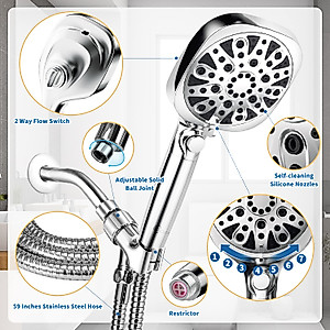 BQYPOWER High Pressure Shower Head with Handheld, 10-mode Handheld Shower Head, Detachable Showerhead Built-in Power Wash to Clean Tub, Tile & Pets, 5Ft Stainless Steel Hose and Adjustable Bracket