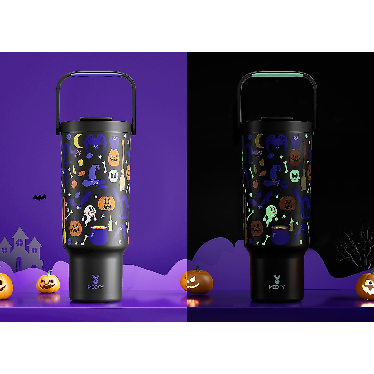 Meoky 40 oz Halloween Tumbler with Handle and Straw, Glow in the Dark Insulated Water Bottle, Stainless Steel Travel Mug, Keeps Cold for 34 Hours, Fits in Car Cup Holder (Haunted Pumpkin)