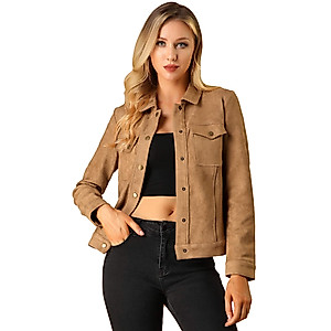 Allegra K Women's Turn-Down Collar Flap Pockets Snap Button Faux Suede Jacket Large Brown