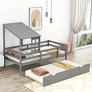 OPTOUGH Twin Size Low Loft Bed with Trundle,Wooden House Bed w/Roof and Window Design for Kids Teens Bedroom,Grey