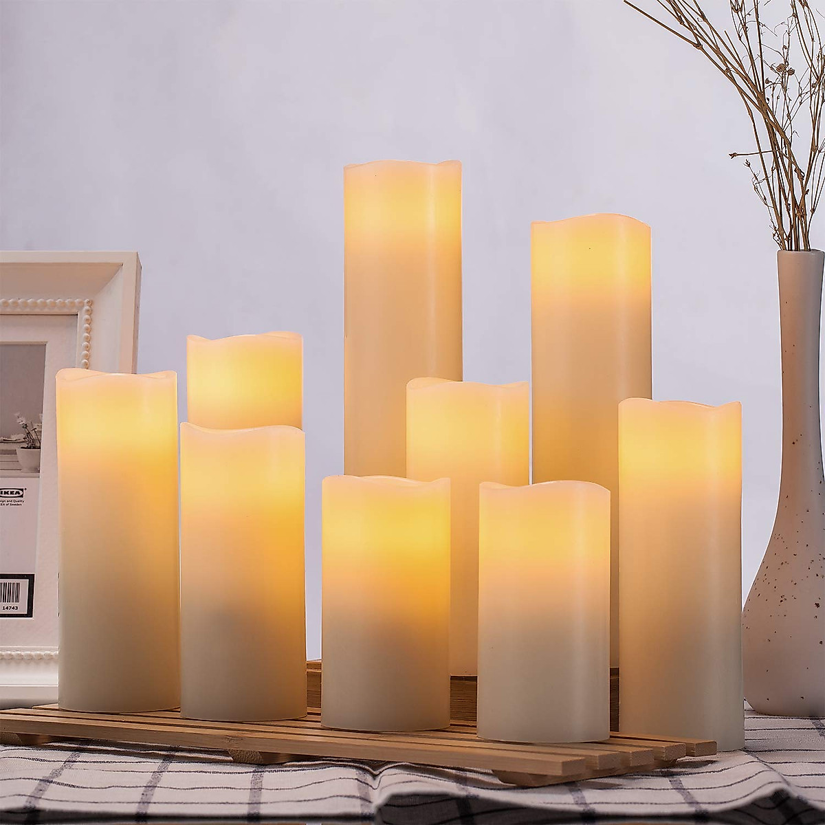 Hausware Flameless Candles Battery Operated Candles H 4" 5" 6" 7" 8" 9" Real Wax Pillar Flickering Candles LED Flameless Candles with Remote and Timer Control Set of 9 (Ivory Color)