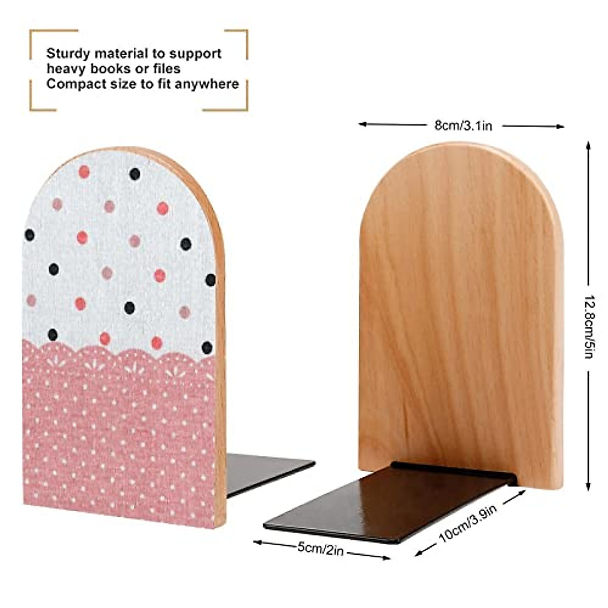 2 Pack Wood Bookends,Polka Dots On Pink and Gray Decorative Book Ends Support for Shelves Desktop Organizer Wooden Bookshelf for Home School Office