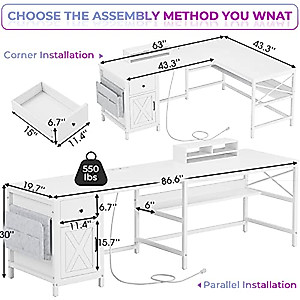 SEDETA L Shaped Computer Desk, Convertible 86.6" Home Office Desk or Corner Desk, L Office Desk with Drawer, Power Strip, Storage Cabinet, Monitor Stand & Storage Bag, White