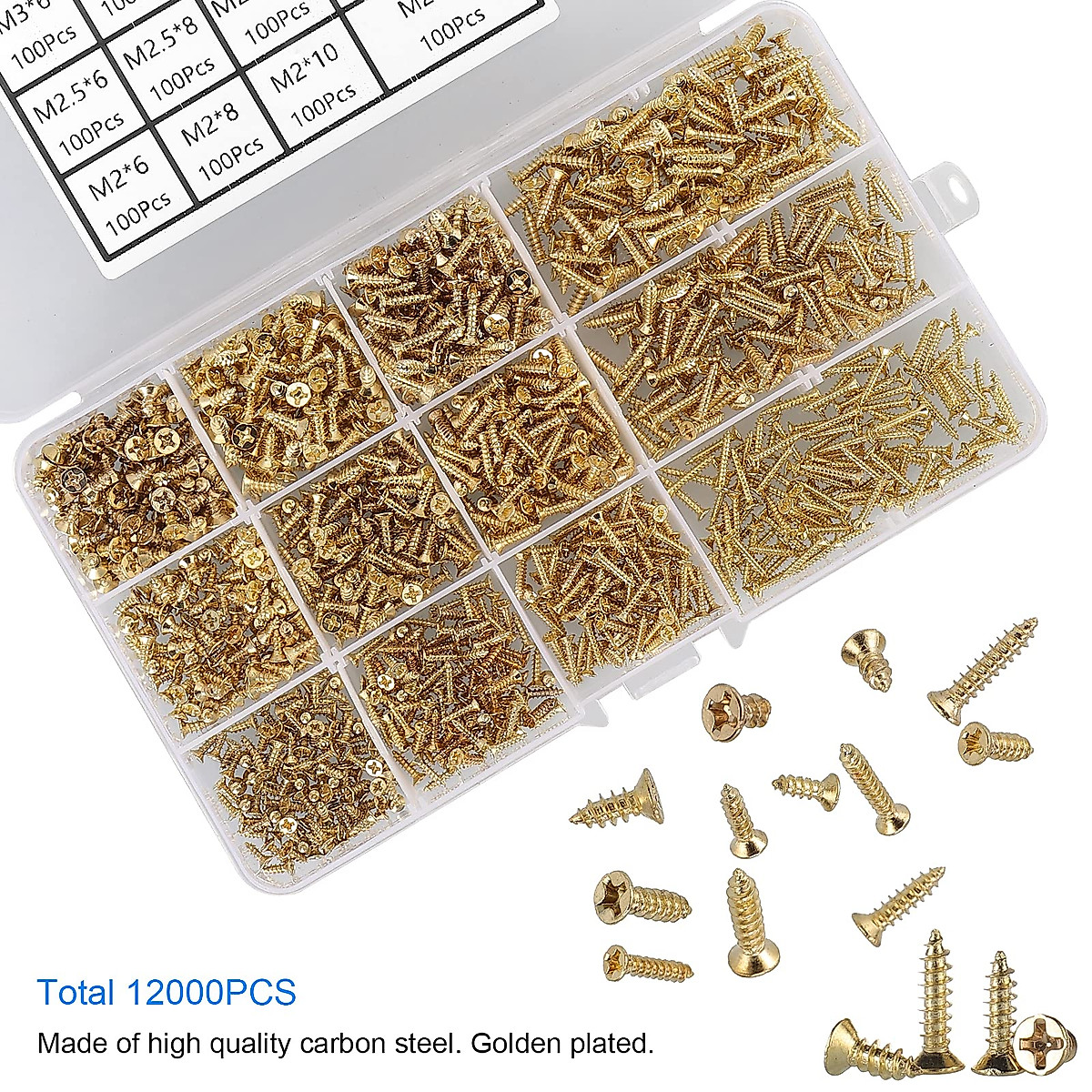 HanTof 1200Pcs Tiny Phillips Flat Head Self Tapping Screws for Wood, Plastic and Soft Metal. M2 M2.5 M3 Small Countersunk Tapper Screws Set for DIY Micro Woodworking Furniture Box. Golden,Carbon Steel